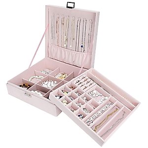 ProCase Velvet Jewelry Box Organizer for Women, 2 Layer Jewelry Display Storage Holder Case for Necklace Earrings Bracelets Rings -Pink