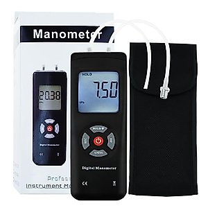 Manometer, Dual-Port Manometer Gas Pressure Tester, Professional Digital HVAC Air Pressure Meter, Differential Pressure Gauge with LCD Display Backlight, Extension Hose,Data Record Funtion