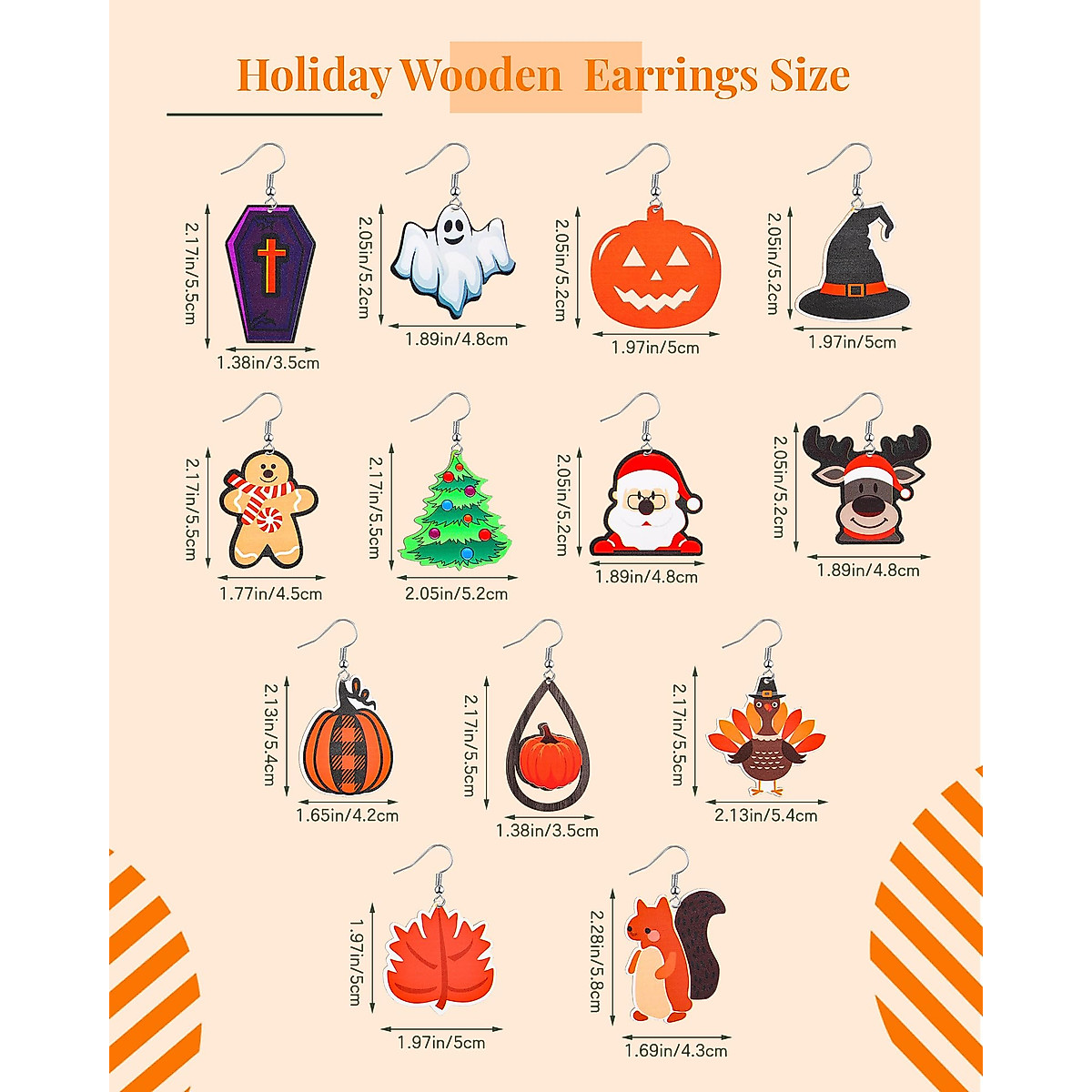 Tigeen 24 Pairs Festival Wood Cute Painted Holiday Wooden Teardrop Dangle for Gift(Pumpkin, Snowman)