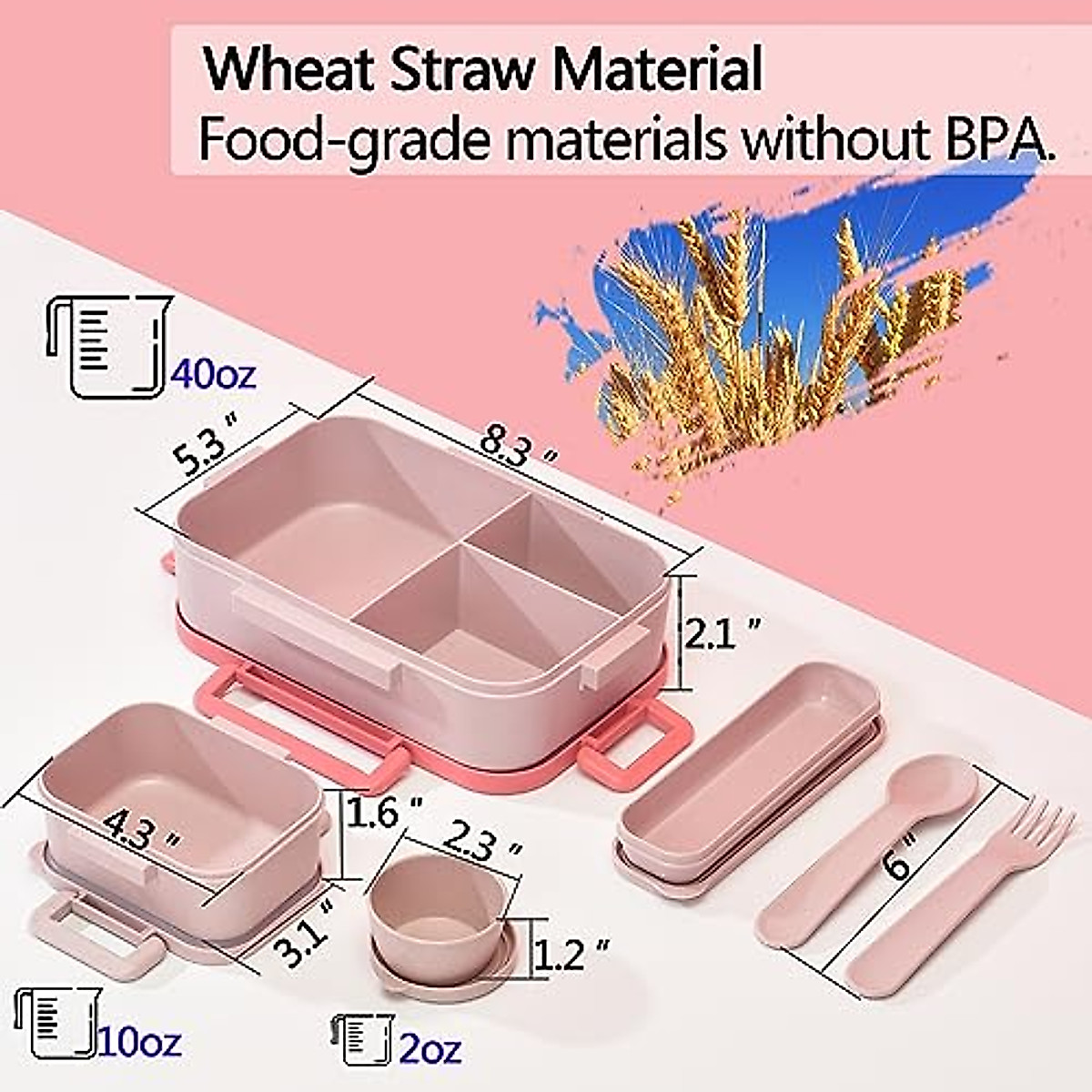 1200ML Bento Box, Wheat Straw Lunch Container With Utensil Set and Leak-Proof Movable Compartment, BPA-Free Lunch Box, Lightweight and Easy Open To-go Food Container for over 8 years old
