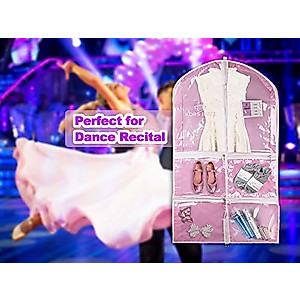 Hiverst Dance Garment Bag with Zipper Pockets Set, Dance Costume Recital Competition Bags Caddy, 38" Hanging Pink Dress Cover Wardrobe Storage Bag Pack with Clear Window for Kids, Girl Dancer…