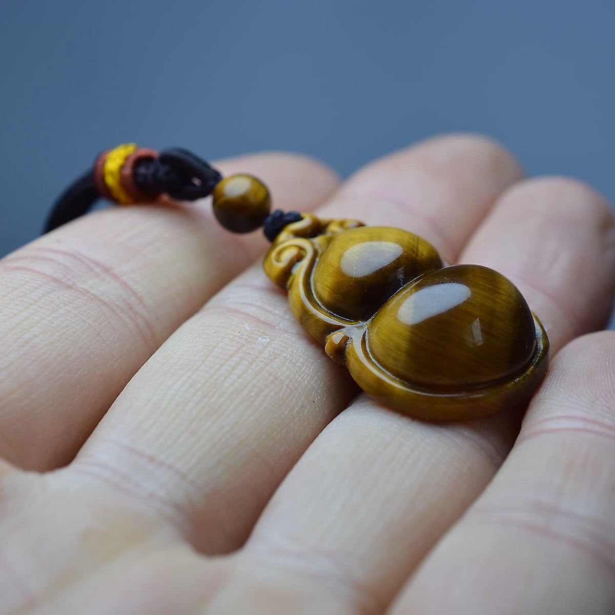 QIANXU Tigers Eye Necklace for Women Men,Genuine Gemstone Engraved Gourd Pendant,Crystal Jewelry adjustable Chain