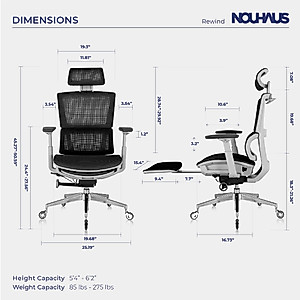 Nouhaus Rewind Ergonomic Office Chair with Footrest and Lumbar Support Swivel Computer Chair, Rolling Home Office Desk Chairs with Wheels, Mesh High Back Task Chair (Black)