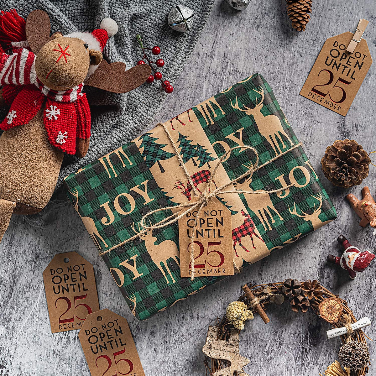 RUSPEPA Christmas Wrapping Paper, Kraft Paper - Red and Green Plaids Style Designs - 4 Rolls - 30 inches x 10 feet per Roll