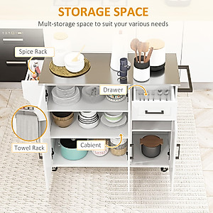 HOMCOM Kitchen Island with Storage, Rolling Kitchen Island on Wheels with Drawer, 3 Cabinets, Stainless Steel Countertop, Spice Rack and Towel Rack, White