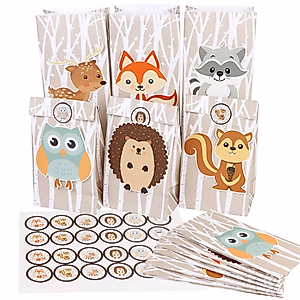 OurWarm 24pcs Woodland Party Favor Bags, 3D Animals Candy Treat Gift Bags with Thank You Stickers for Kids Woodland Animals Theme Baby Shower Birthday Party Decorations Supplies, 6 Styles
