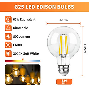 ALAMPEVER G25 Globe Light Bulbs 60 Watt, Vanity Lights LED Bulbs, Dimmable Decorative E26 Light Bulb 3000K Soft White, 800LM, 4PACK