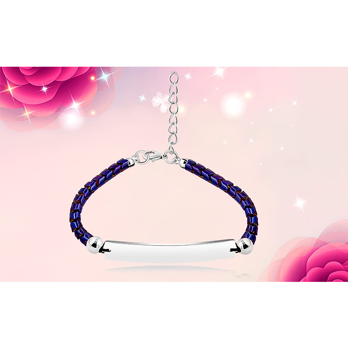 Customize Engrave Name Bracelet - Purple Hematite Stone Beads Stainless Steel Chain Bracelet - Personalized Name ID Plate Bracelet for Women Men Y1904