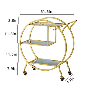 HEONITURE Bar Cart, Upgraded 3 Tier Gold Bar Serving Cart with Glass Holder and Wheels, Metal Handle Round Bar Carts for The Home, Kitchen, Living Room