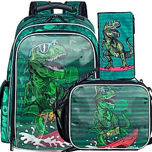gxtvo 3PCS Dinosaur Backpack for Boys, 16" Kids Preschool Elementary Dino Bookbag with Lunch Box