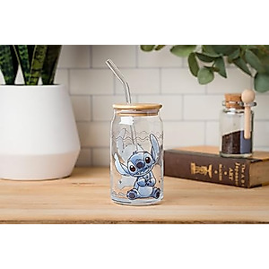 Silver Buffalo Disney Lilo and Stitch Sitting Glass Jar Tumbler with Bamboo Lid and Glass Straw, 16 Ounces
