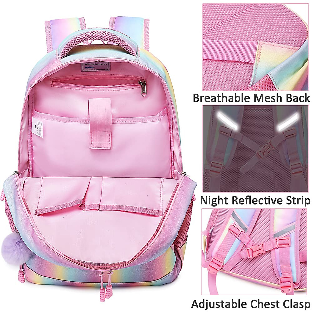 Girls Backpack Rainbow Glitter Kids School Bookbag 3 in 1 Set School Bag with Lunch Bag Pencil Case