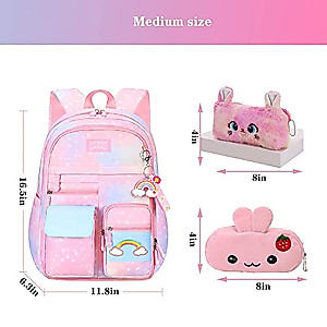 Jcobvig Kawaii Backpack For Girls Kids,Cute Student School Backpack With Pen Bag,Pink Aesthetic Starry Rainbow Laptop Travel Bag (Pink Medium 16.5in