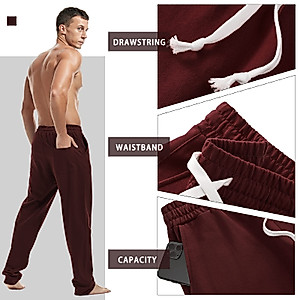 AMY COULEE Mens Cotton Athletic Pants Open Bottom Running Sweatpants Straight Leg Casual Joggers with Pockets (Wine Red, XXL)