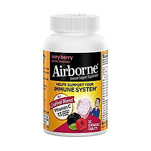 Airborne Vitamin C 1000mg (per serving) - Very Berry Chewable Tablets (32 count in a box), Gluten-Free Immune Support Supplement, With Vitamins A C E, ZINC, Selenium, Echinacea & Ginger, Antioxidants