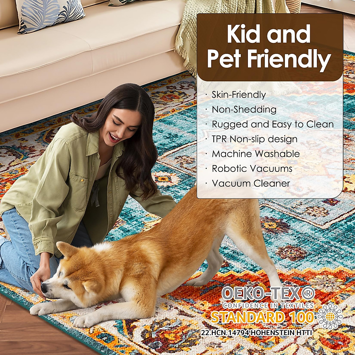 INGEROOM Washable Area Rugs for Living Room Vintage Large Area Rug 5×7 Boho Rug Non-Slip Carpet Machine Washable Area Rugs for Bedroom and Kitchen Made of Faux Wool Ruggable Rugs