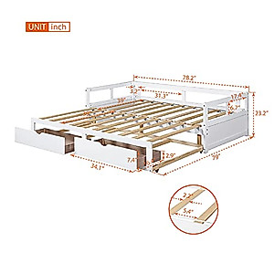 YSWH Pinewood Extending Daybed with Storage Drawers, Can Be Expanded from Twin Size to King Size, Sofa Bed Frame with Safety Guardrails, for Kids Teens (White)
