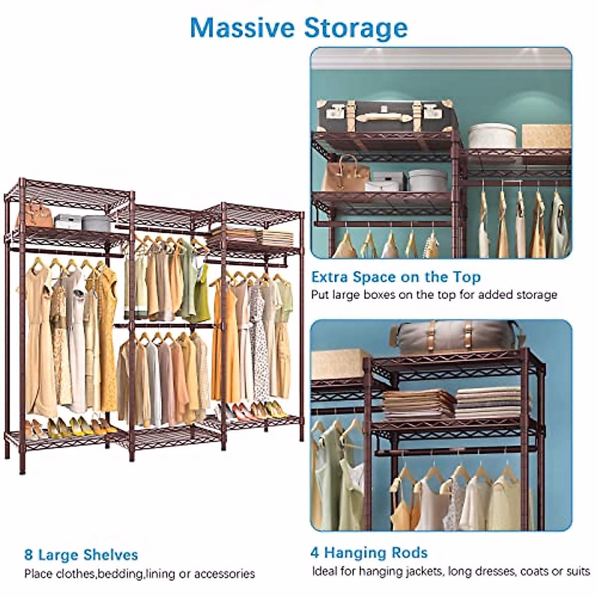 VIPEK V5i Garment Rack Heavy Duty Clothes Rack, Portable Closet Wardrobe Bedroom Armoires Freestanding Clothing Rack with 8 Adjustable Shelves & 4 Hang Rods, 68.9" L x 15.7" W x 76.4" H, Bronze