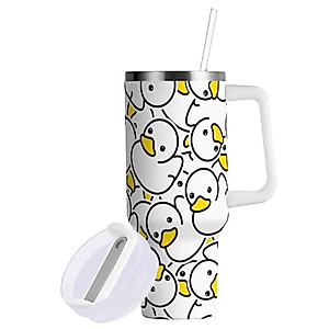 MCHIVER Cute Duck White 30 oz Tumbler with Handle and Straw Stainless Steel Vacuum Water Bottle Leak-proof Travel Coffee Mug Insulated Tumbler for Office Home Car
