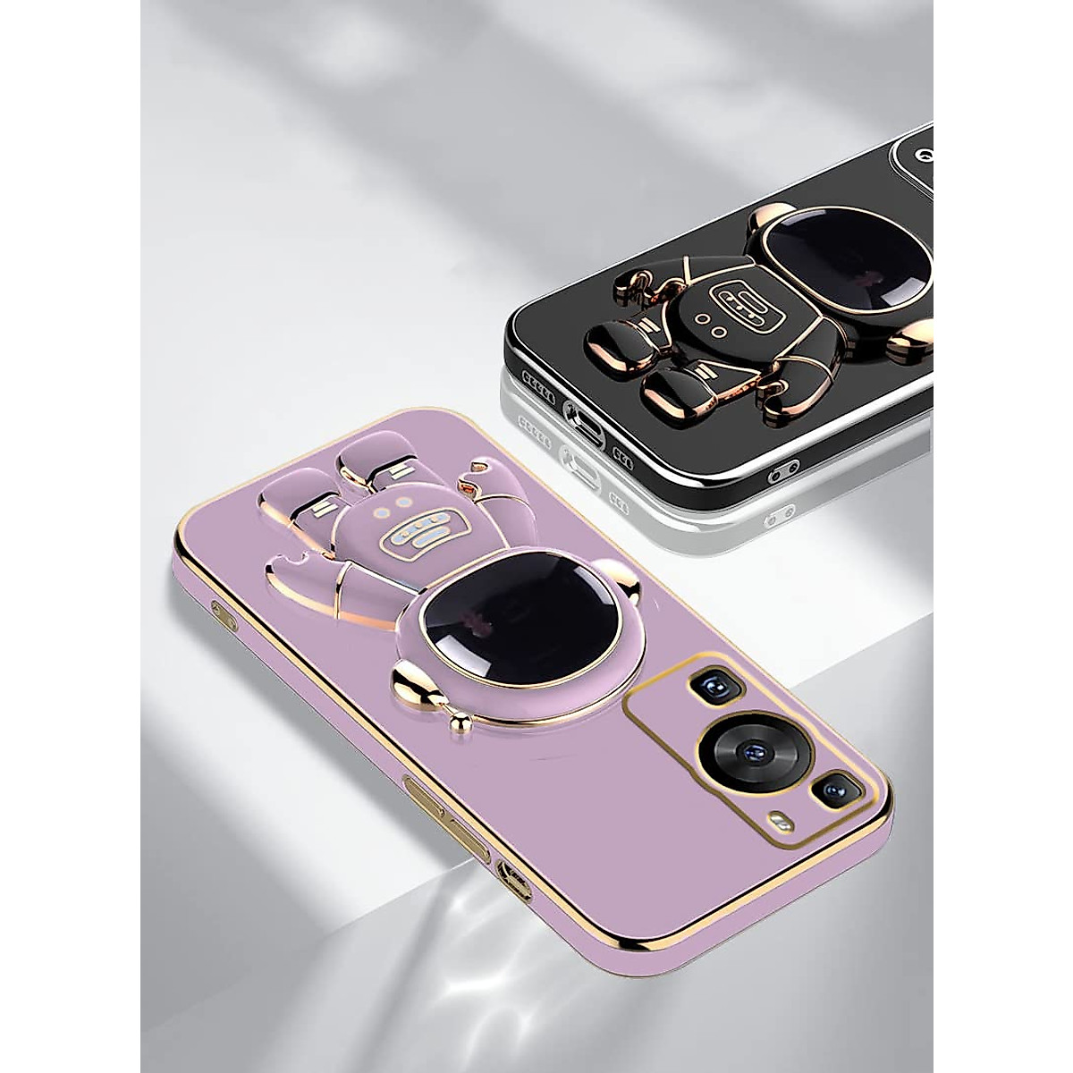 Compatible with Huawei P60 Pro Case for Women Men, Ultra Soft Huawei P60 Pro Phone Case with Stand Silicone TPU Plating Cute Astronaut Pattern Cases Cover (Purple)