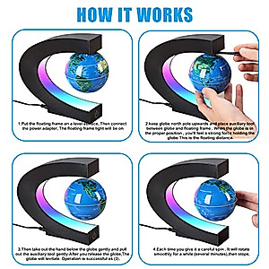 Floating Globe with LED Lights and Touch Switch C Shape Magnetic Levitation Floating Globe World Map for Desk Decoration (Black_Silver)