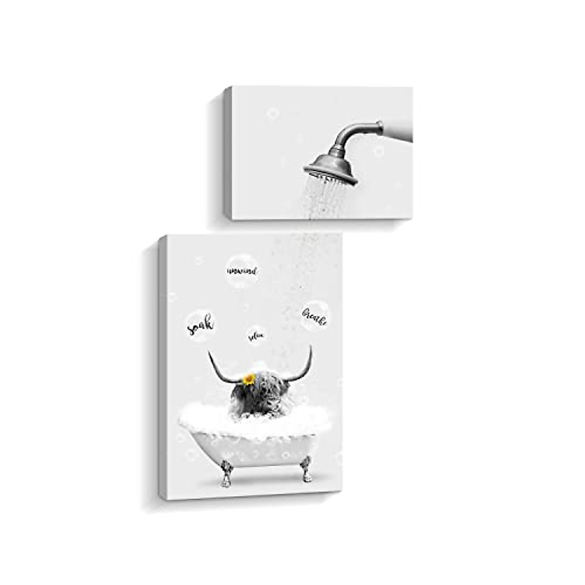 Pinetree Art Funny Bathroom Decor Cute Highland Cow Wall Art - Relax Soak Unwind Breathe Inspirational Quote - Modern Farmhouse Home Bathroom Wall Decorative (black and white, set of 2)