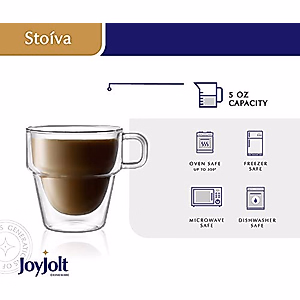 JoyJolt Stoiva Double Wall Insulated Espresso Glass Cups – 5 oz. (150 ml) Espresso Shot Glass Cup with Handle – Stackable Thermal Clear Glass Cups, Fit for Espresso Machine and Coffee Maker – Set of 4