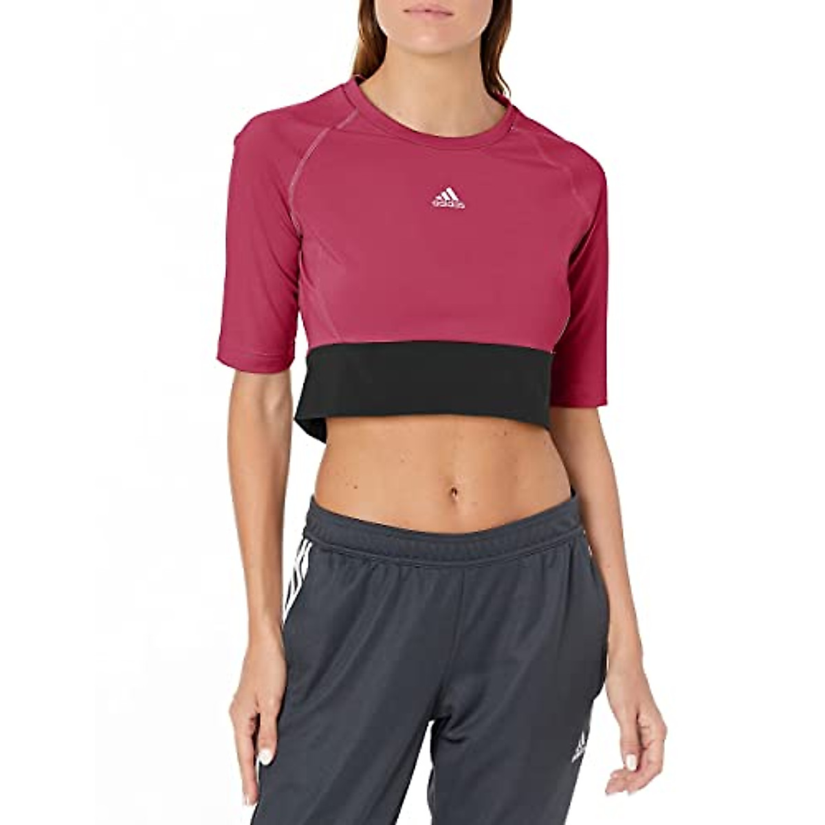 adidas Women's Sportphoria Short Sleeve Crop AEROREADY, Wild Pink/White, Small