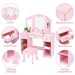 EGFheal Kids Vanity Set with Mirror and Drawer - Girls' Vanity Table and Chair Set with Wood Makeup Playset, Perfect for 3-9 Yr, Pink, PINK102PA