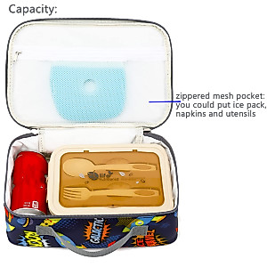 FlowFly Kids Lunch box Insulated Soft Bag Mini Cooler Back to School Thermal Meal Tote Kit for Girls, Boys, Outer Space Rocket Ships in Dark Navy Blue