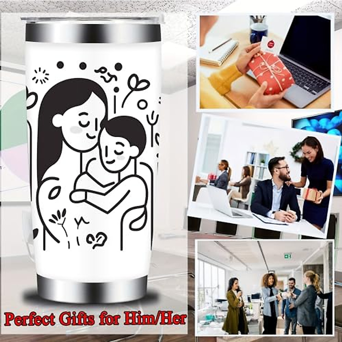 FOCIUZTA 20oz Charming Hand-Drawn Mother and Child with Floral Design Tumbler with lid, Travel Coffee Cup, Ideal for Easter, Mother Day, and birthday gifts