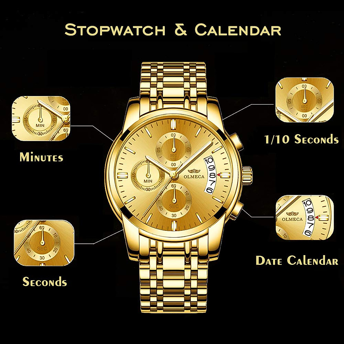 DREAMING Q&P Gold Plating Men's Analog Quartz Mutifunctional Watches for Man Stainless Steel Strap Gold Face Wristwatch