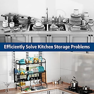 MOUKABAL Over The Sink Dish Drying Rack, Over Sink Dish Drying Rack with 2 Tier Utensil Holder,Large Stainless Steel Dish Racks for Kitchen Counter(2 Tier Black)