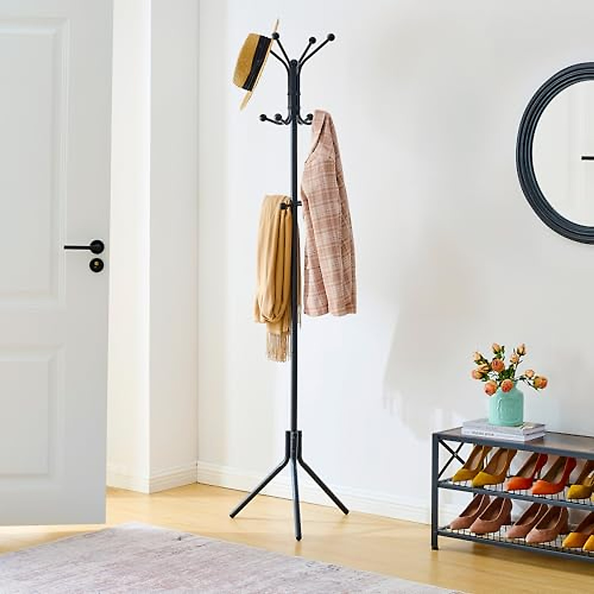 Hoctieon Coat Rack Freestanding, Heavy Duty Coat Hanger Stand with 12 Hooks, Entryway Hall Tree, Floor Standing Coat Rack, Coat Rack Stand, Clothes Rack, Coat Tree, Black