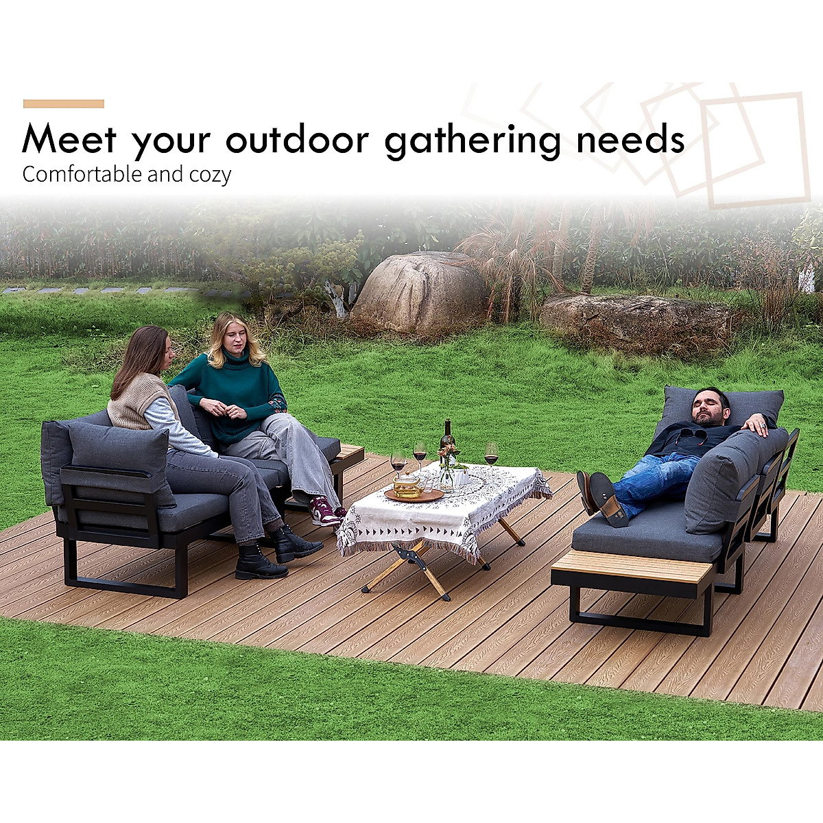PaPaJet Aluminum Patio Conversation Set with Adjustable Backrest, 3 Piece 3 Seat Modern Outdoor Furniture Set with Wood Grain Plastic Top Side Table for Backyard Poolside Porch, Gray