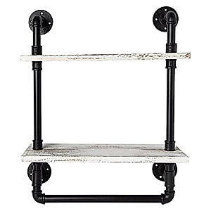 Industrial Bathroom Shelf w/Pipe Towel Bar – Farmhouse Towel Rack Made of Paulownia Wood and Cast Iron, Pipe Rack in Black Matte – Wall Mount Hand Towel Holder for Rustic Décor w/ 2-Tier Shelf