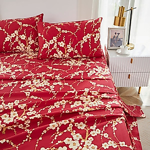 Brandream Floral Sheet Set Twin Size Japanese Oriental Style Cherry Red Blossom Flower Branches Print Chinoiserie Bedding Pillowcases Set 800TC Egyptian Cotton Sateen Botanical Tree Deep Pocket, 4 Pcs