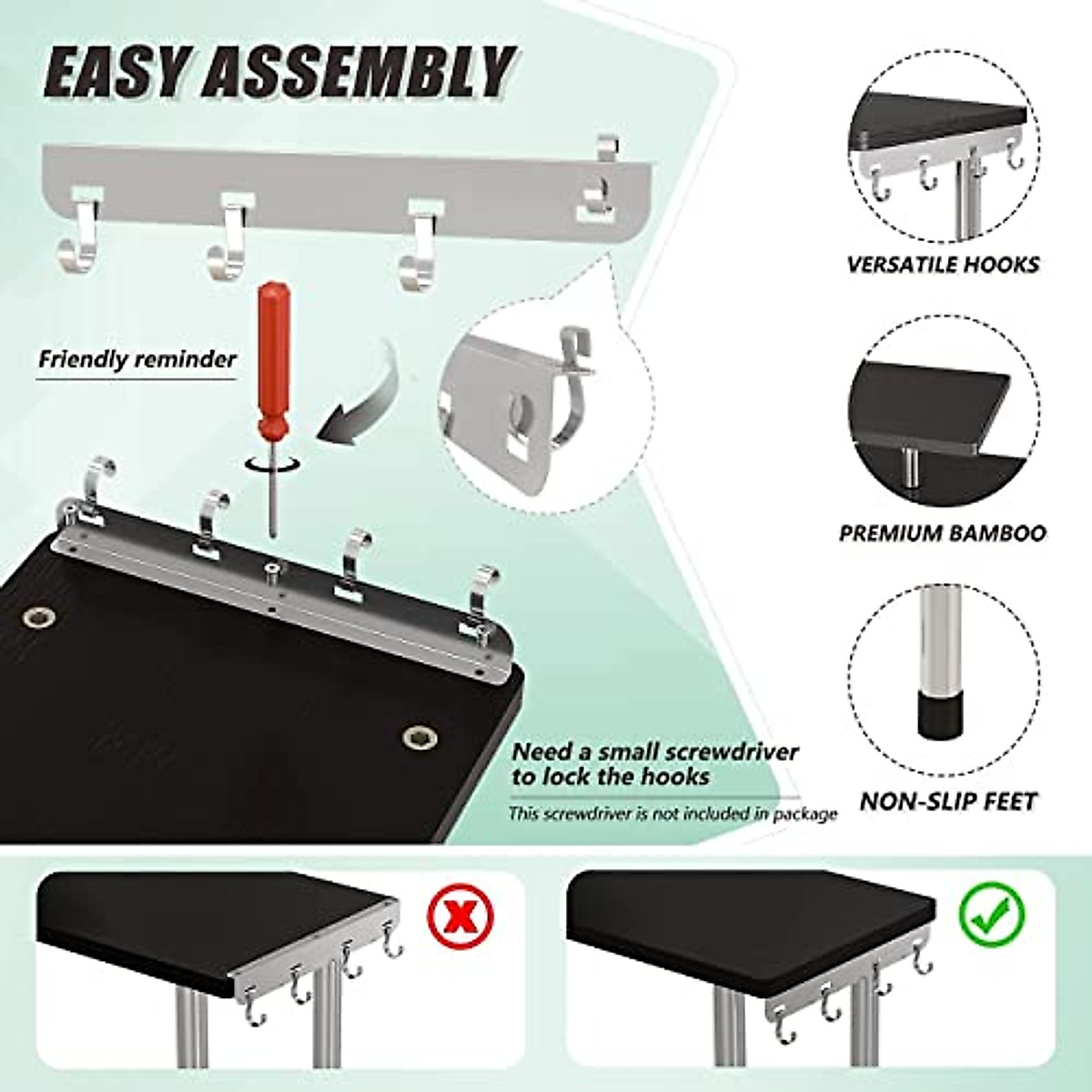 Venloup Upgraded 3 Tier Corner Shelf, Adjustable Bamboo Storage Spice Rack with Hooks, Freestanding Space Saving Counter Display Shelf for Kitchen, Office and Bedroom Adjustable (Black)