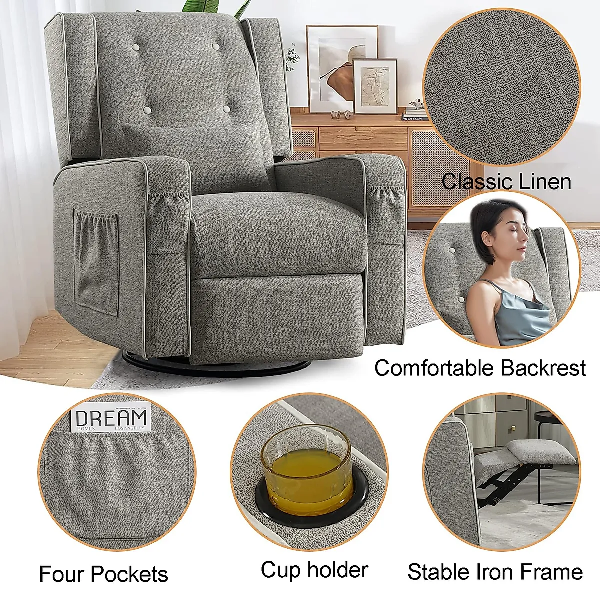 OQQOEE Rocking Chair Nursery Baby Rocker Swivel Chair Glider Rocker Recliner Cozy Swivel Rocking Chairs with Cup Holders,Pockets for Living Room Baby Room (Beige 1 PC)