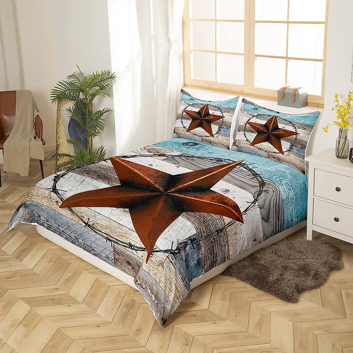 Western Texas Star Kids Duvet Cover Set King Size,Old Wooden Plank Barn Retro Bedding Set,Girls Boys Adults Room Decor,Cowboy Rustic Farmhouse Comforter Cover,Blue Brown Quilt Cover,2 Pillowcases