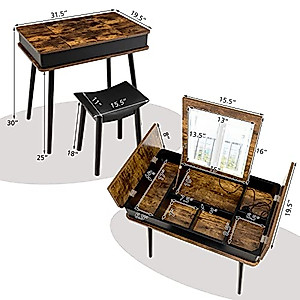 GOFLAME Vanity Table Set with Flip Top Mirror and Stool, Industrial Makeup Dressing Table with 3-Color Lighting Modes & USB Charging Port, 2-in-1 Vanity Desk & Writing Desk for Bedroom, Dressing Room