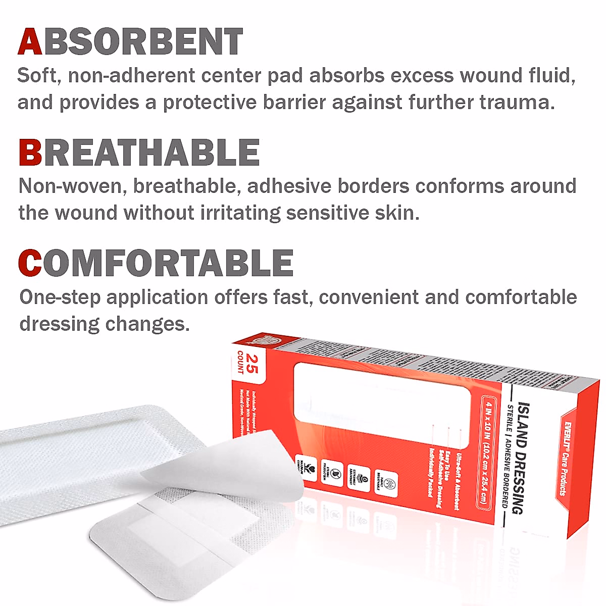 EVERLIT Island Dressing Bordered Gauze | Large Wound Care Bandage with Adhesive Border| Sterile, Soft & Highly Absorbent Medical Grade Dressing Pad (4x10 Inch (Pack of 25))