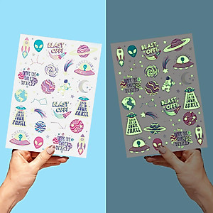 xo, Fetti Space + Planets Glow in Dark Temporary Tattoos for Kids - 50 pcs | Alien Birthday Party Supplies, Astronaut Favors + Rocket ship Decorations