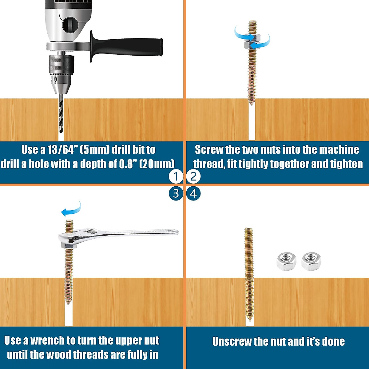 Waziaqoc 8 PCS Hanger Bolts 1/4 x 1-1/2 Inch Double Headed Bolt Self-Tapping Bolts Wood Joint Screw for Furniture