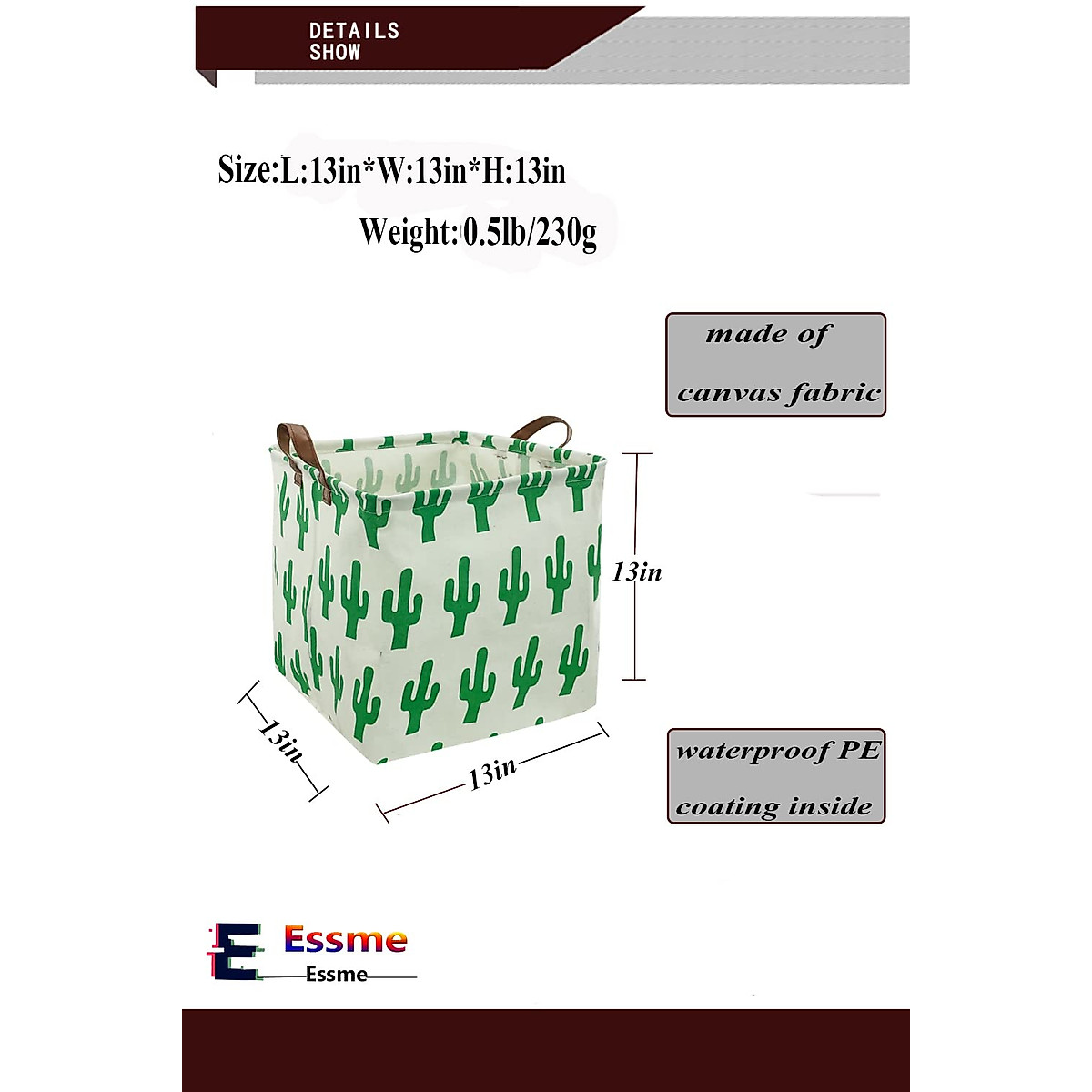 ESSME 3PACK Square Storage Bin,Cotton Fabric Laundry Baskets,Collapsible Waterproof Toy Storage Bin with Handles for Family Storage,Shelf Baskets,Bedroom(3pack Cactus)