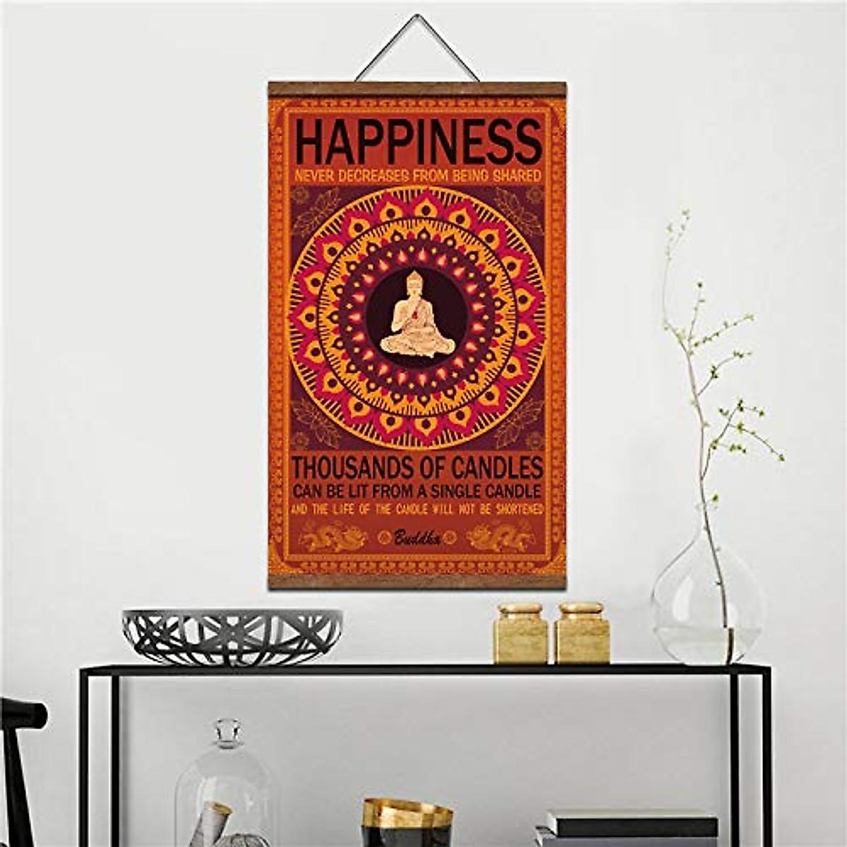 Buddha Wall Art Zen Decor Printed on Canvas with Scroll Wood Frame Hanger Poster Happiness Quote Motivational Home Decor Hanging Painting 15.7 x 27 inch… (buddha happiness)
