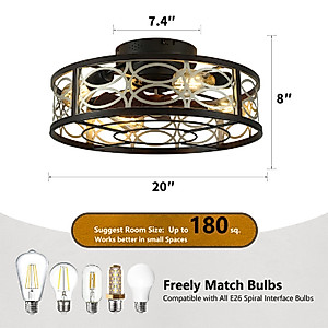 HUEOCZW 20" Caged Ceiling Fan with Light and Remote，bladeless Ceiling Fan 6 Speed Reversible with 4 Bulbs and Remote Control.Low Profile Ceiling Fan with Lights for Bedroom, Dining Room