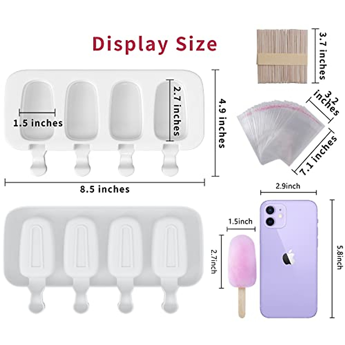 Popsicle Molds Set of 3, 12 Cavities Silicone Popsicle Molds & Ice Cake Pop Mold Maker Oval with 50 Wooden Sticks & 50 Self-adhesive Bags for DIY Cake and Ice Cream