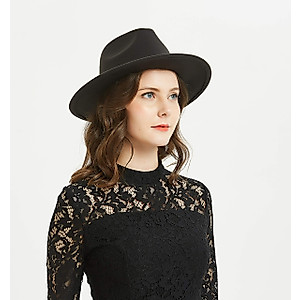 Women or Men Woolen Felt Fedora Hat Vintage Widet Brim Crushable Hat Belt Jazz, Black 58-60cm