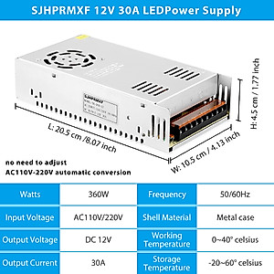 Switching Power Supply, SJHPRMXF AC 110V/220V to DC 12V 30A 360W Universal Regulated Switching Power Supply Transformer Adapter LED Driver for LED Strip, CCTV Camera System, Radio